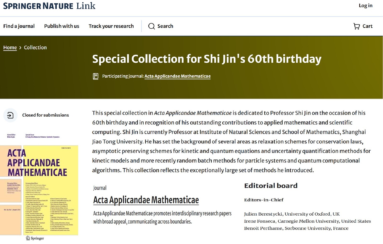 Springer journal “Acta Applicandae Mathematicae” publishes special ...